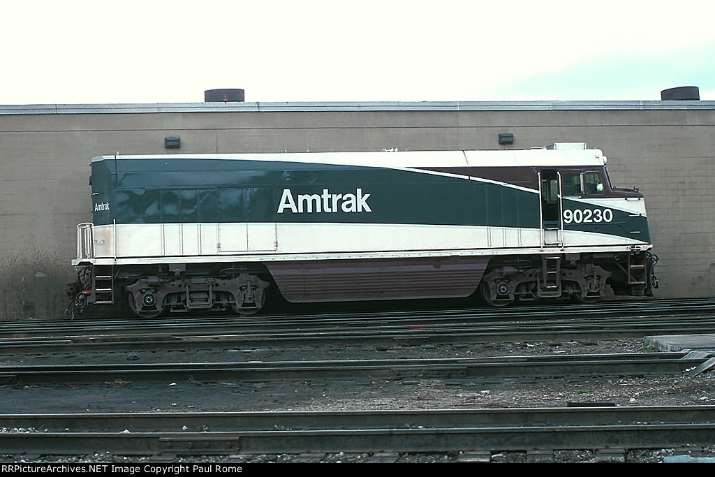 AMTK 90230, ex AMTK 230 EMD F40PH, now rebuilt NPCU, CABBAGE, fresh paint at Amtrak Lumber ...